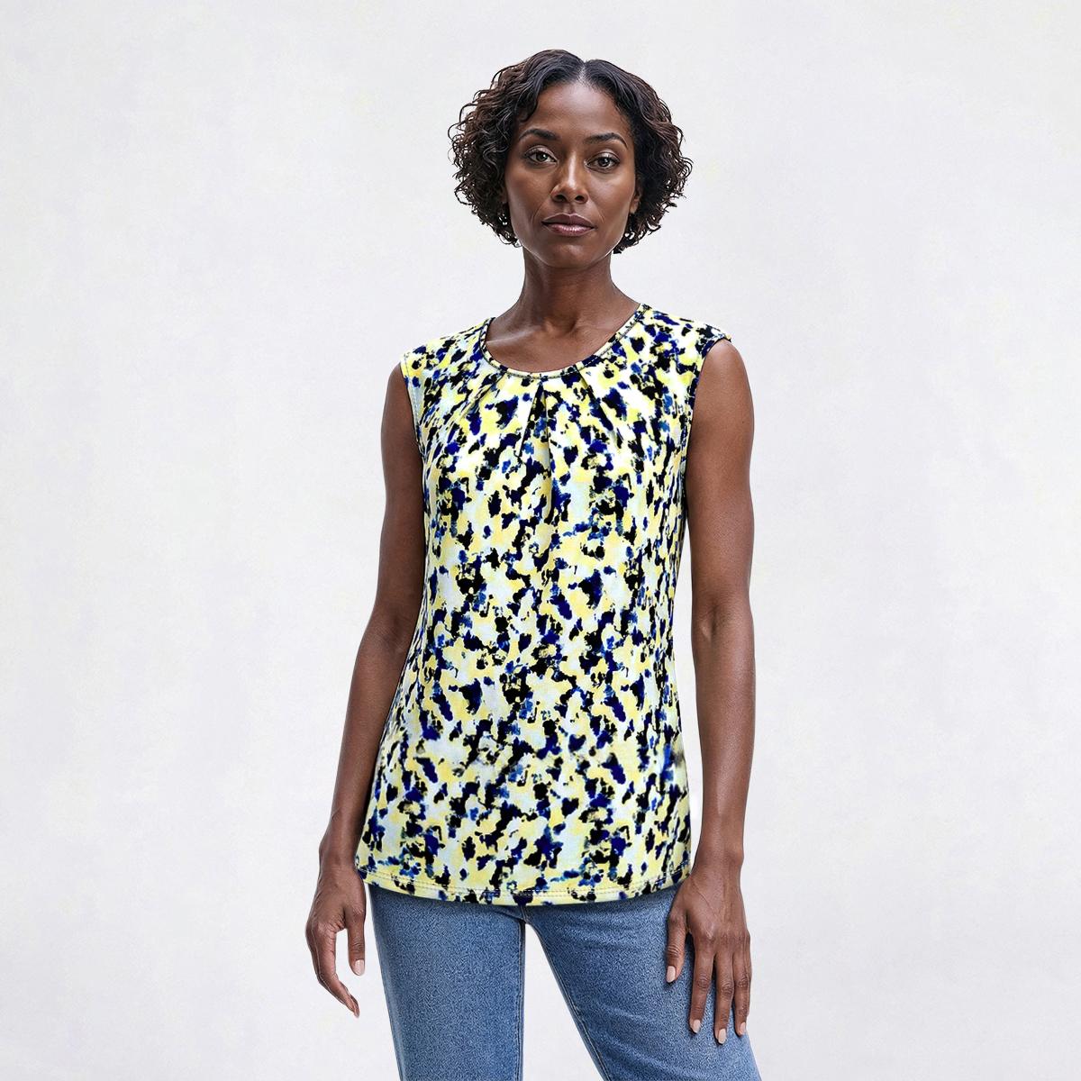 Kasper Plus Size Printed Extended-Shoulder Sleeveless Top - Pale Yellow Multi